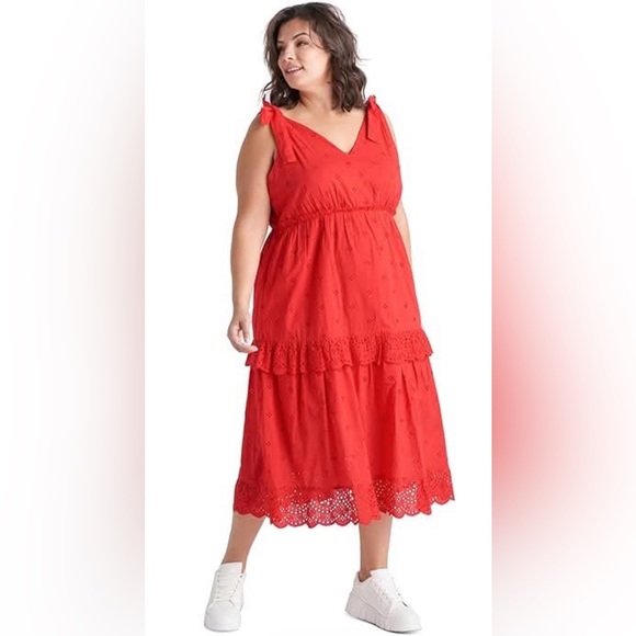 Dex | Dresses | Nwt Dex Tied Strap Eyelet Midi Dress In Fiery Red ...